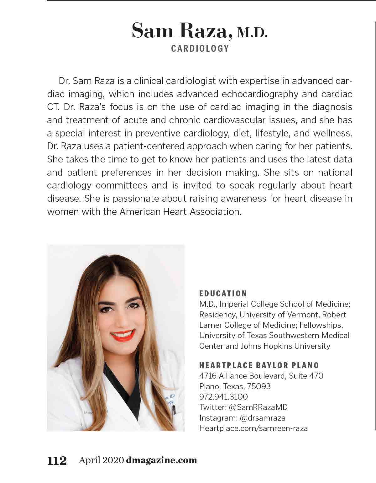 Samreen R. Raza, M.D., F.A.C.C. - Cardiology - Plano | D Magazine Directories